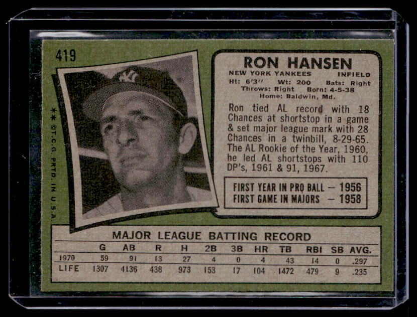 1971 Topps #419 Ron Hansen New York Yankees NM-MT Baseball Card *A427 ...