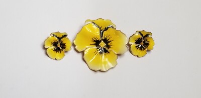 Vintage yellow enamel pansy flower brooch & clip earrings set | eBay