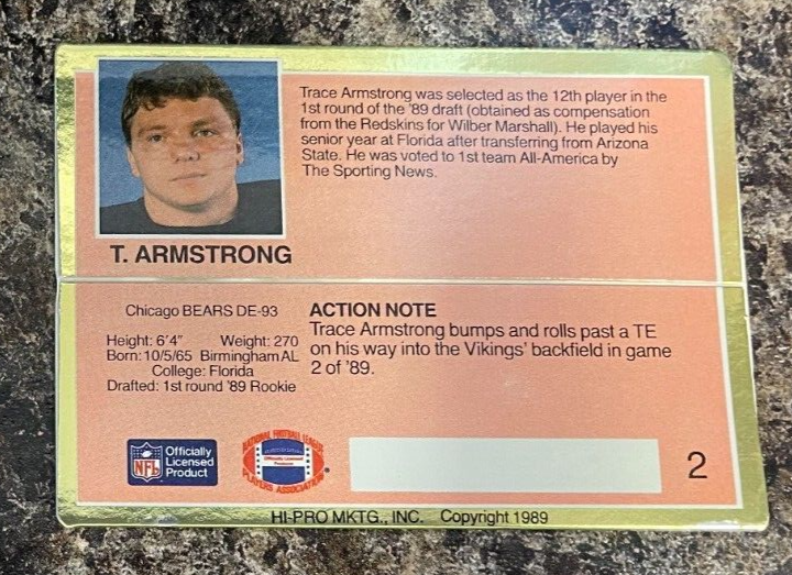 1989 NFL Officially Licensed Product Card # 2 Trace Armstrong - Chicago ...
