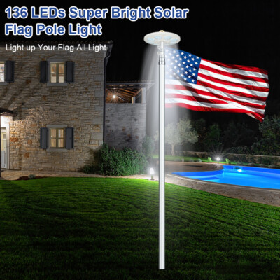 136 LED Solar Powered Flag Pole Light Auto Active Super Bright ...