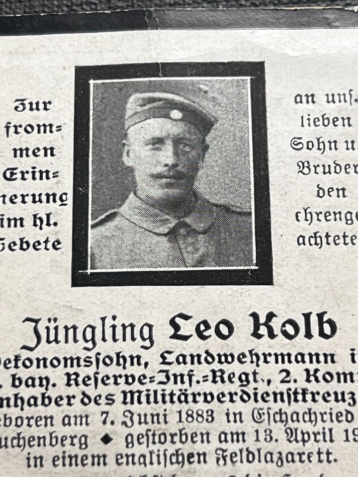 WW1 German Imperial Army Death Card LEO KOLB Bayern RIR3 | eBay