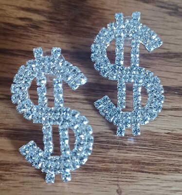 FLASHY Dollar Sign $ Money Rhinestone 1 3/4" Silver Tone Stud Pierced ...