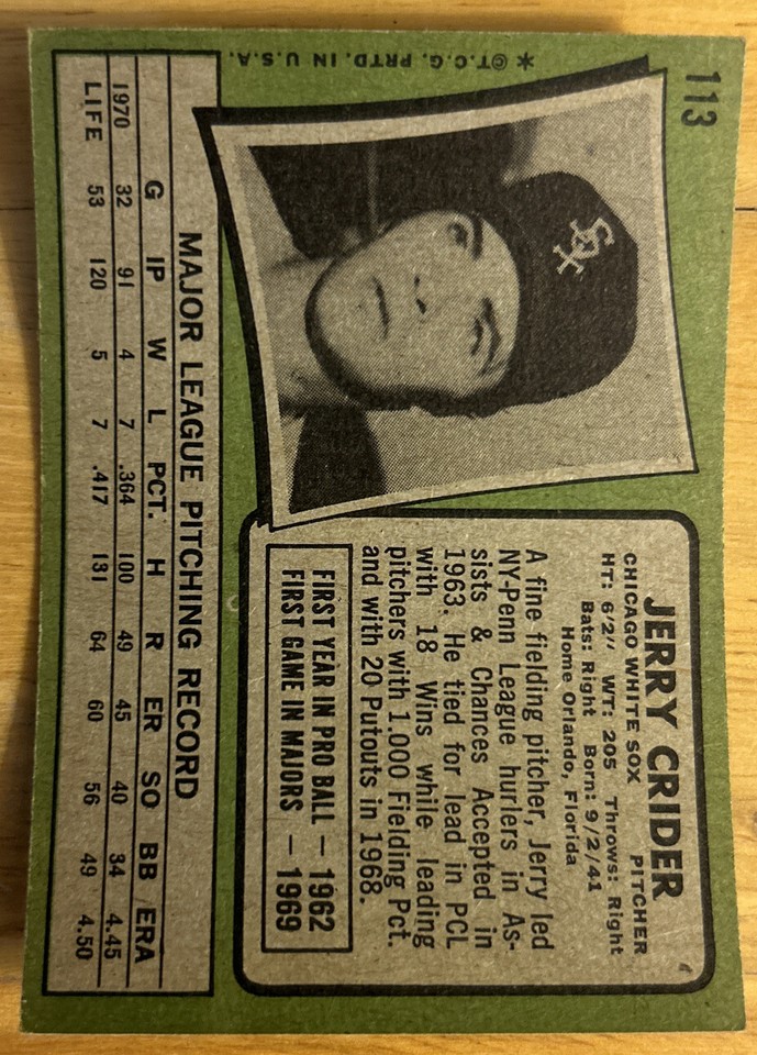 1971 Topps Jerry Crider Baseball Card #113 White Sox Pitcher Low-Grade ...