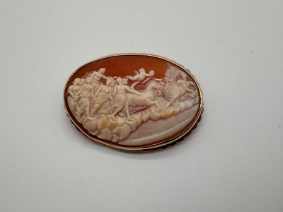 Vtg Antique Shell Cameo Aurora Leading Chariot of Apollo Pin Set in 14k ...