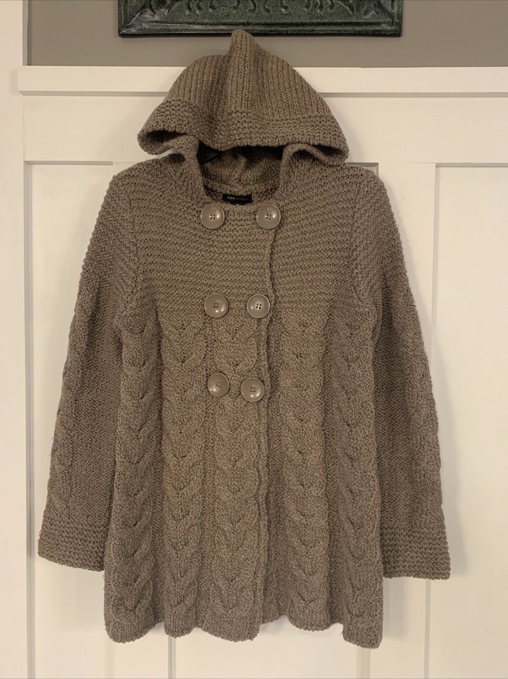 BCBG Maxazria M Taupe Hooded Cable Knit Double Breasted Button Cardigan ...