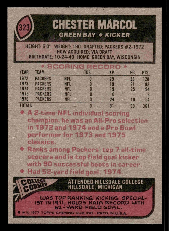 1977 Topps Chester Marcol #323 - Green Bay Packers | eBay