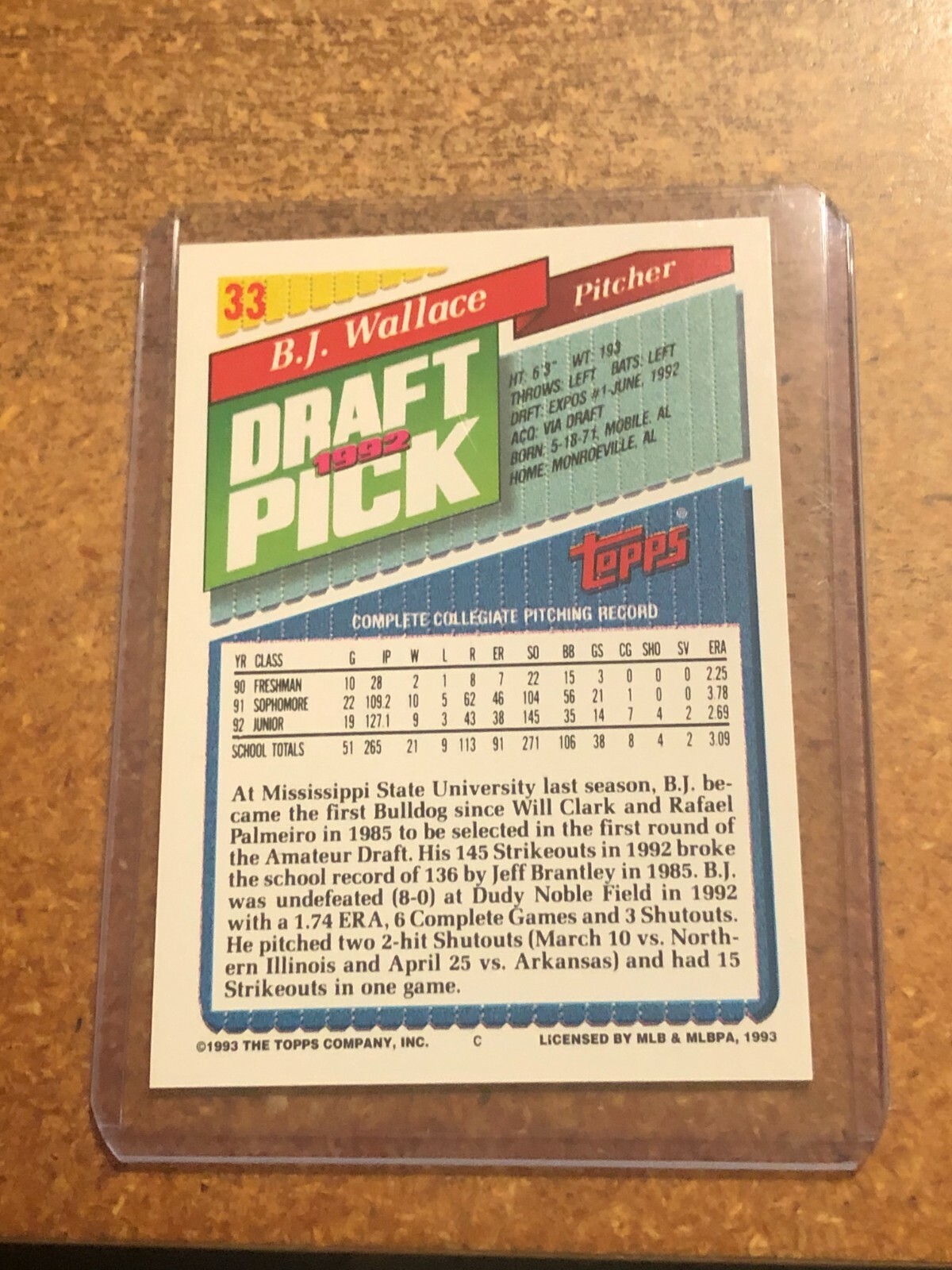 1993 Topps Gold Baseball # 33 1992 Draft Pick BJ Wallace RC | eBay