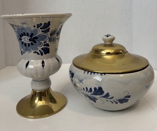 Vtg Delft Stamped Holland Brass Lid Tobacco Jar 6” Blue White Spitton ...