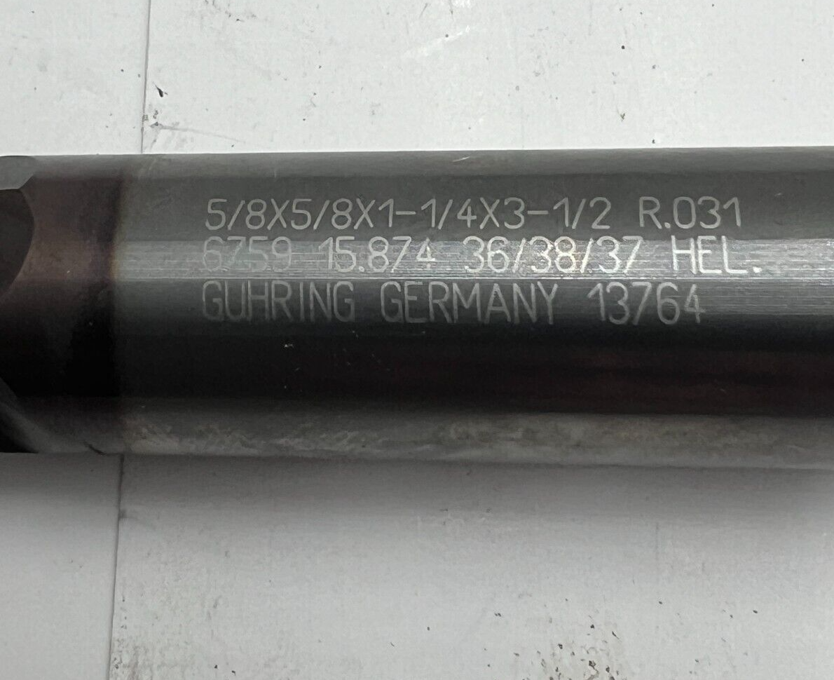 Guhring Carbide End Mill 5/8X5/8X1-1/4X3-1/2 R.031 6759 36/38/37 Helix ...