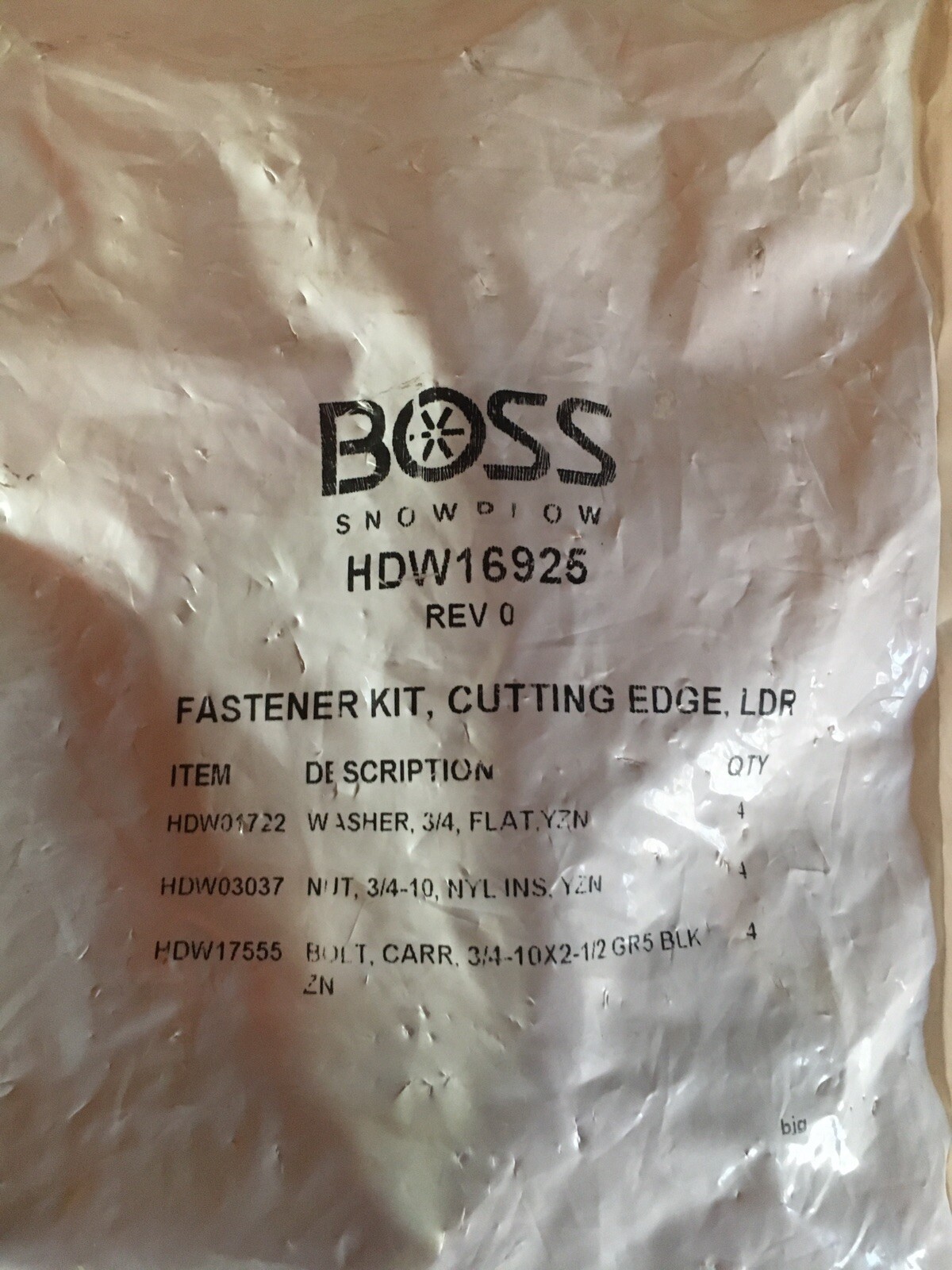 BOSS HDW16925 Cutting Edge Fastener Kit 3/4-10x2-1/2 GR 5 With Washers ...