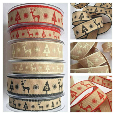 15mm 25mm x 1m CHRISTMAS RIBBON RUSTIC SCANDI REINDEER BEIGE RED BLACK ...
