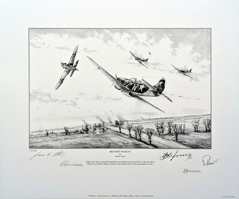 Red Hot Pursuit by Simon Atack aviation art signed by Russian WW2 Aces ...