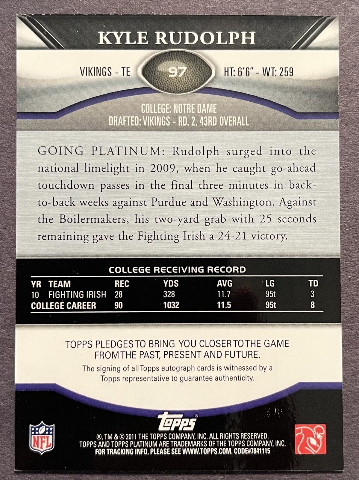 2011 Kyle Rudolph Rookie Topps Platinum Green Refractor /150 ON CARD ...