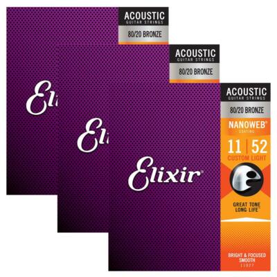 3 Pack! Elixir Custom Light 11-52 Acoustic 80/20 Bronze Strings Nanoweb ...