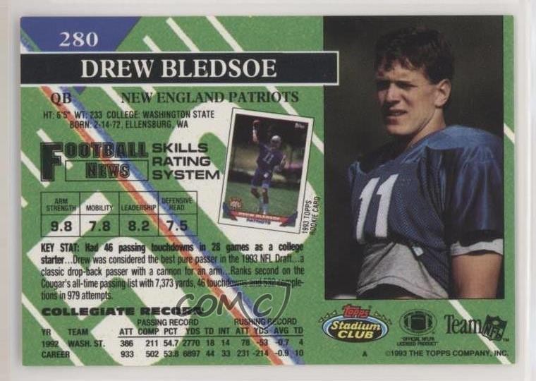 1993 Topps Stadium Club 1st Day Production Drew Bledsoe #280 Rookie RC ...