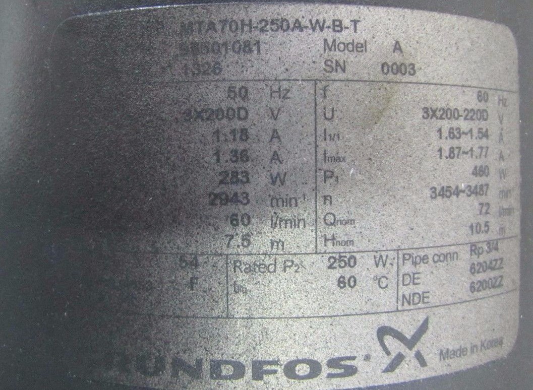 GRUNDFOS PUMP 460W 3454-3487 RPM MTA70H-250A-W-B-T MTA-70H-250A-W-B-T ...