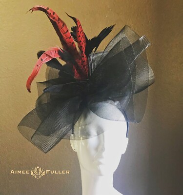 Aimee Fuller Kentucky Derby Fascinator Black Red Feather Ruffle Royal ...