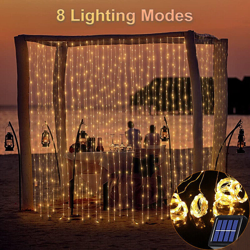 Solar Curtain Lights Outdoor13ftL x 3.3ftH8 Mode 300 LEDSolar String ...