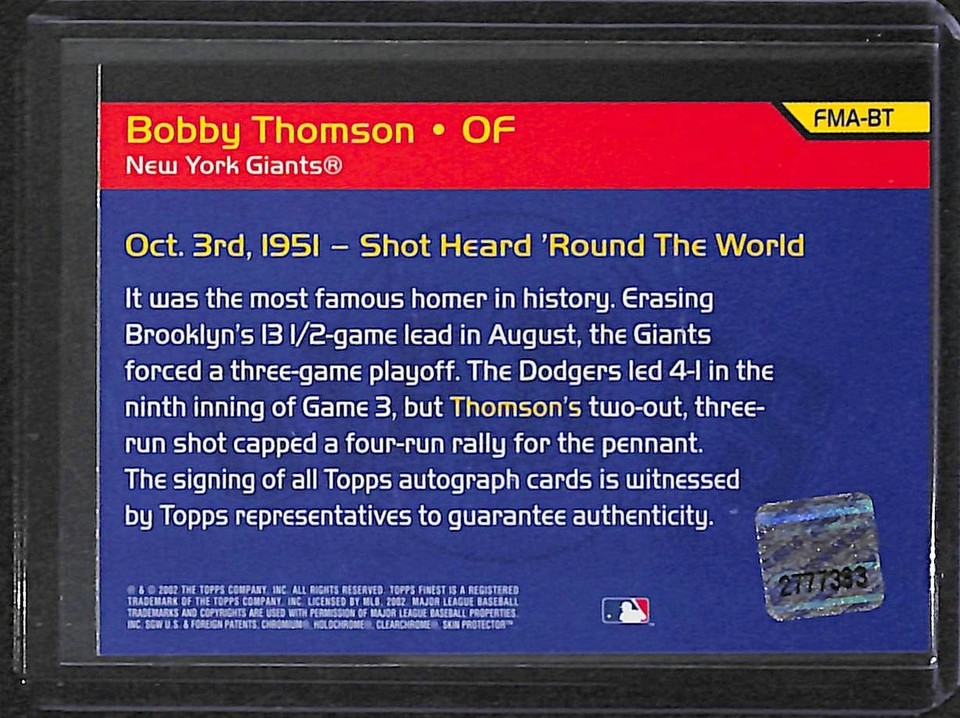 2002 Topps Finest Baseball Finest Moments Autograph-FMA-BT Bobby ...