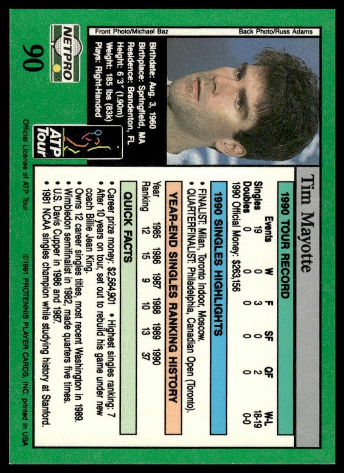 1991 NetPro Tour Stars #90 Tim Mayotte | eBay