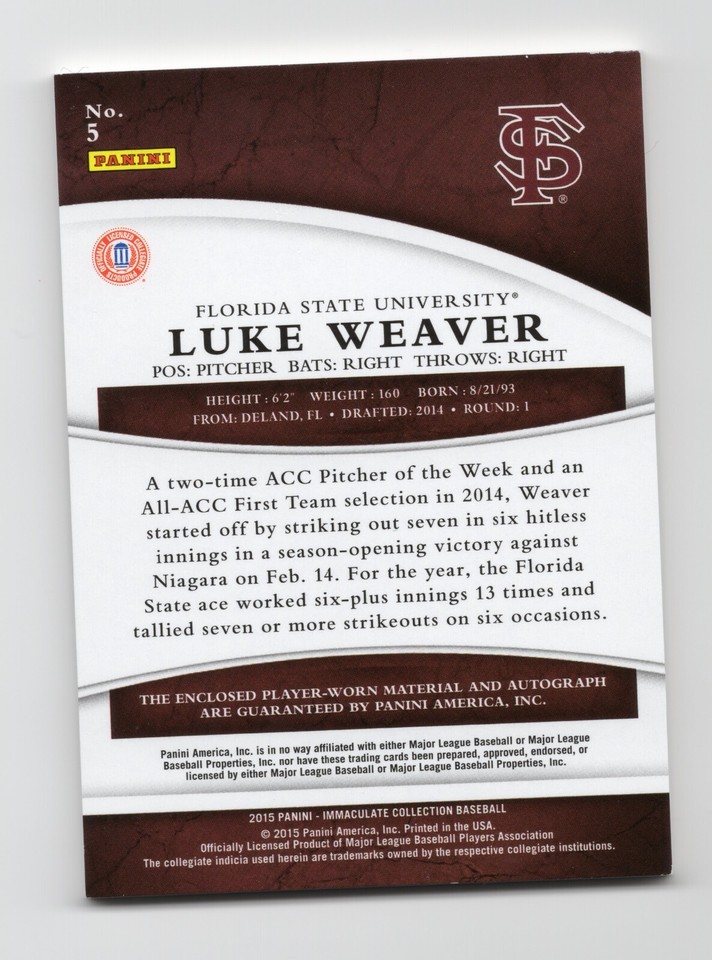 2015 PANINI IMMACULATE COLLECTION LUKE WEAVER AUTO PATCH #5 - #’d/25 ...