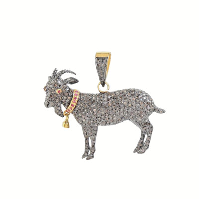925 Sterling Silver Goat Pendant Diamond Pave 14k Gold Ruby Gemstone ...