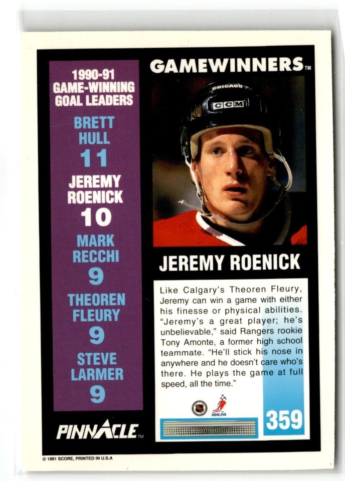 1991-92 Pinnacle Jeremy Roenick Chicago Blackhawks #359 | eBay