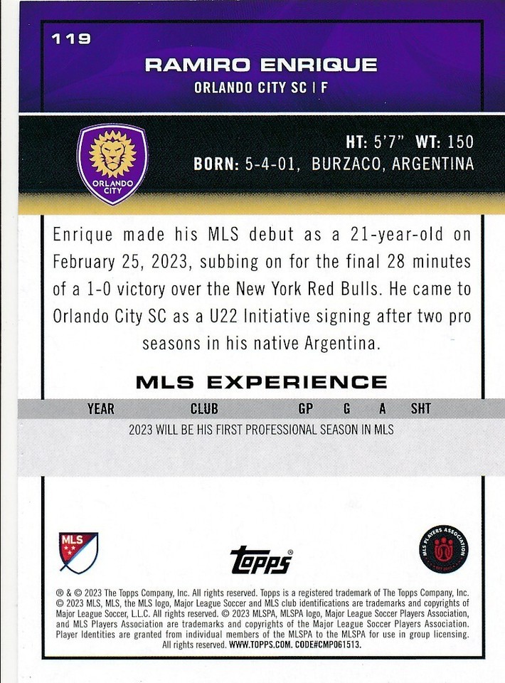 #119 RAMIRO ENRIQUE 2023 Topps MLS Soccer RC ORLANDO CITY SC | eBay