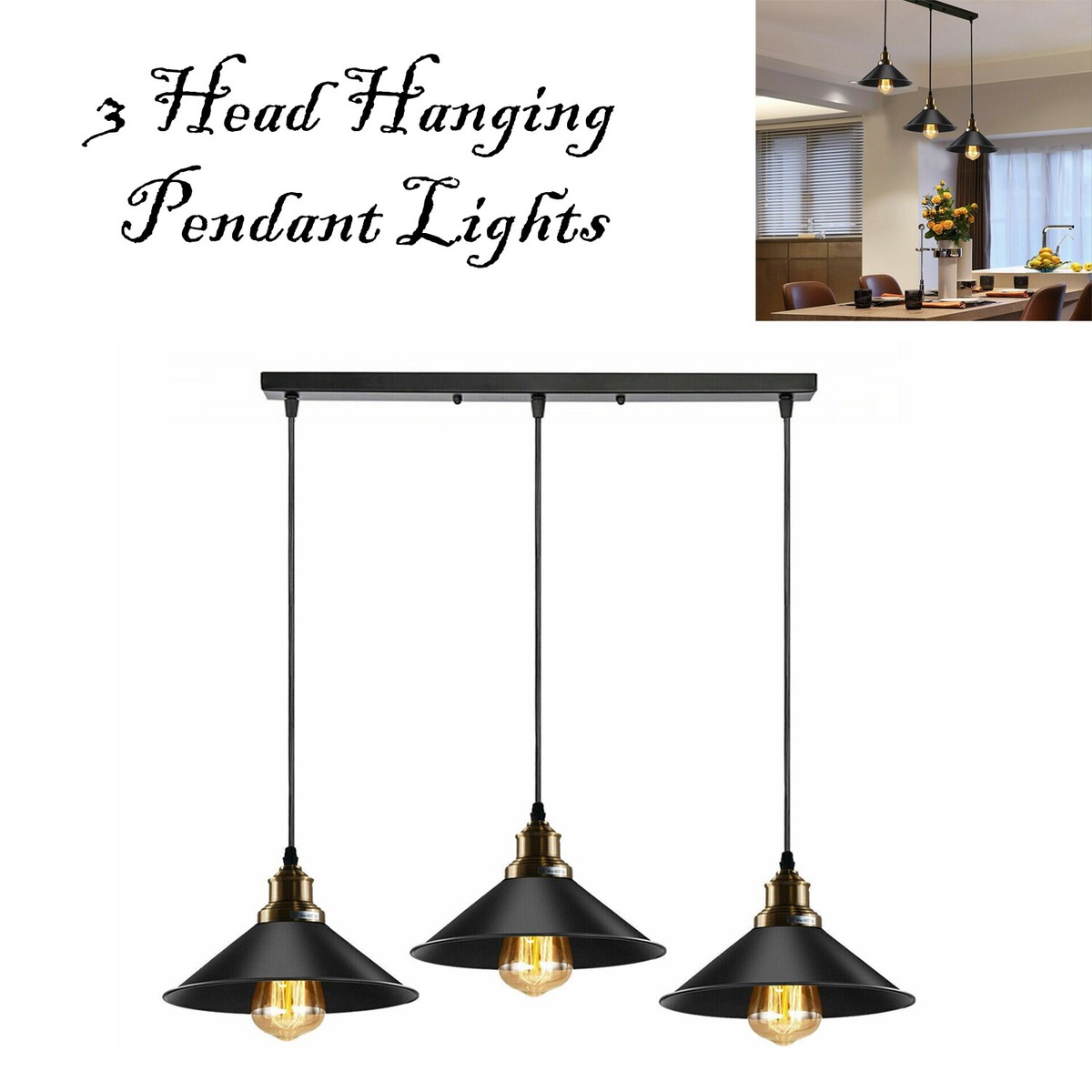 Three Cone Pendant Light 3 Way Metal Hanging Ceiling Pendant Lamp