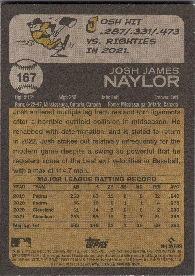 2022 Topps Heritage # 167 Josh Naylor Cleveland Guardians | eBay