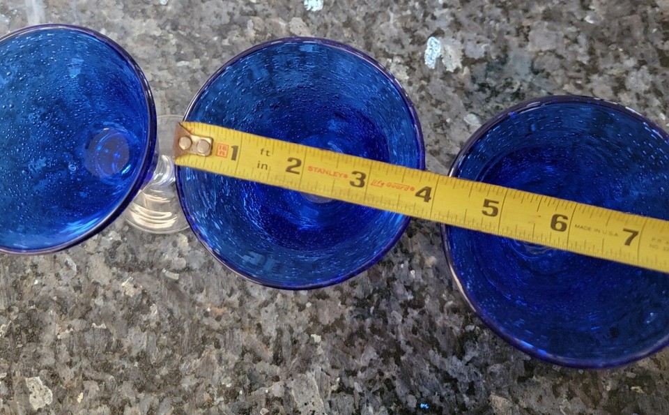 Hand Blown Glass Deep Cobalt Blue Goblets set of 3, Air Bubble Stemware ...
