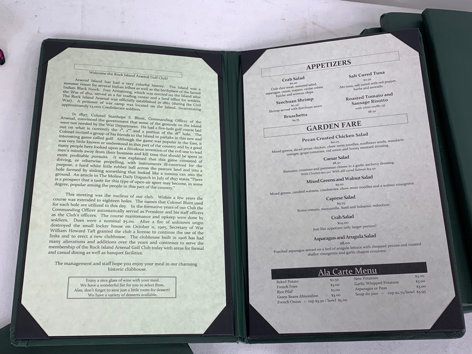 US Army Rock Island Arsenal Golf Club Menu | eBay