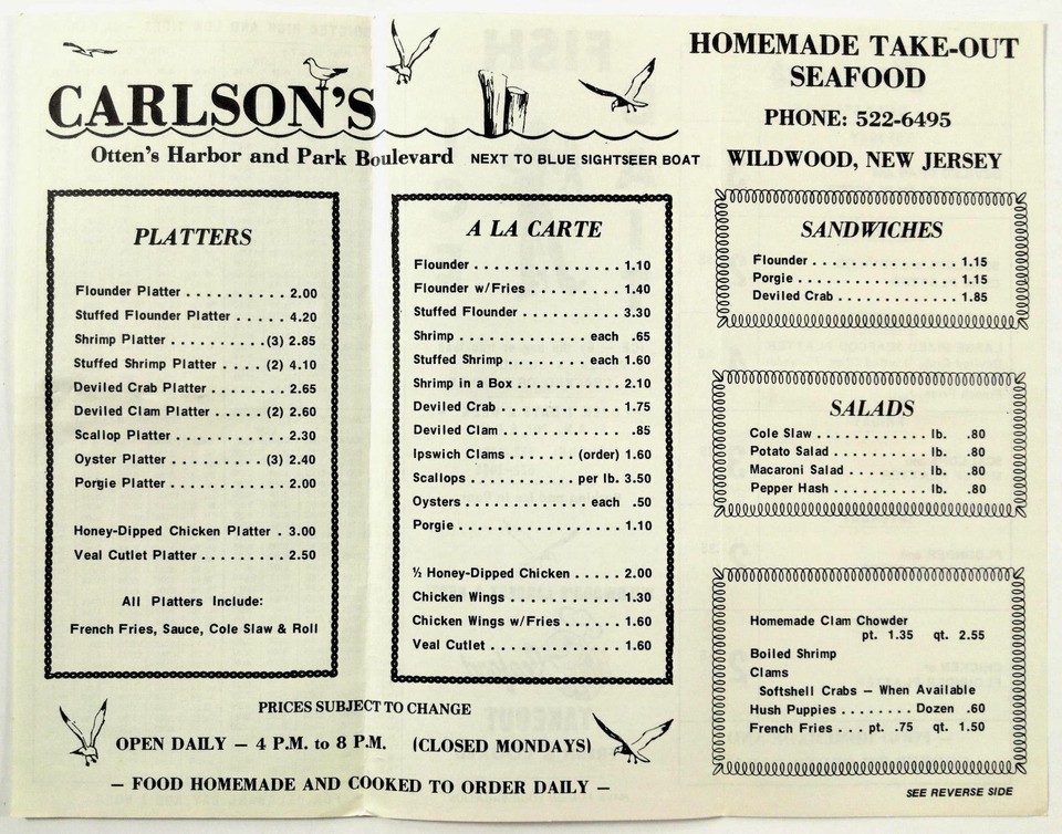 Original Vintage Menu CARLSON'S SEAFOOD RESTAURANT Fish Bait Ice Tide ...