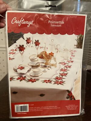 Craftways Poinsettia Christmas Tablecloth Kit 50” X 50” Embroidery ...
