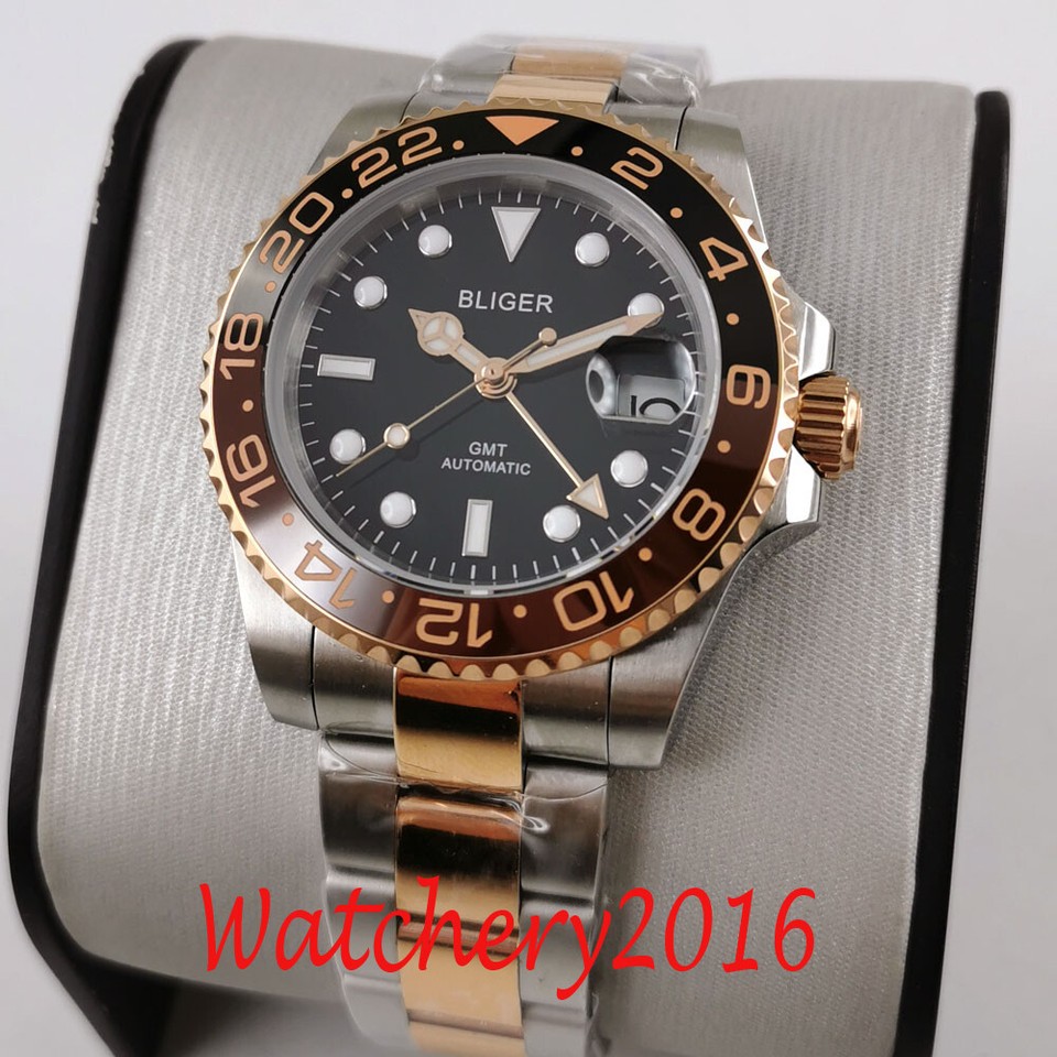 40mm BLIGER GMT Automatic Men's Watch Black Dial Rose Gold Sapphire ...