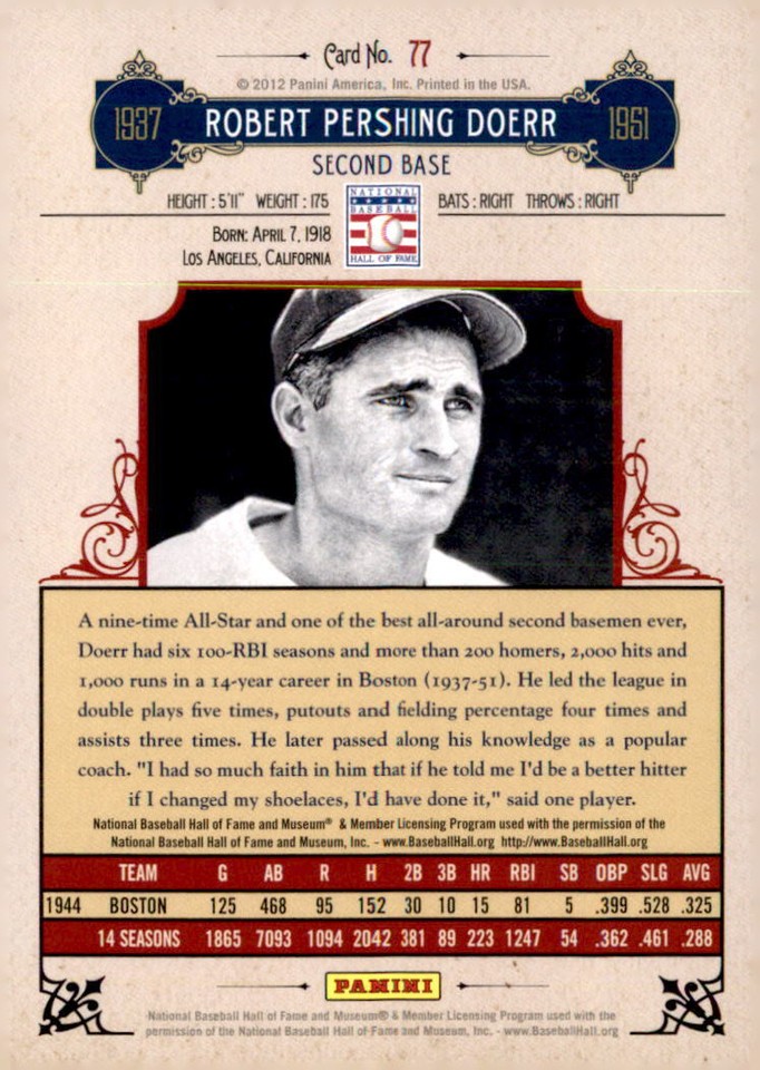 2012 Panini Cooperstown #77 Bobby Doerr Crystal Collection #/299 | eBay