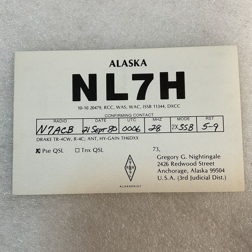 QSL Short Wave Ham Radio Card NL7H Gregory G Nightengale Anchorage ...