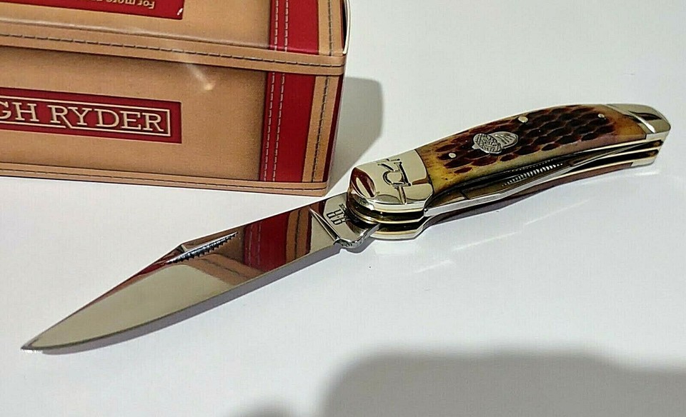 ACORN SHIELD COPPERHEAD HUNTING POCKET KNIFE ROUGH RIDER AMBER BONE R.R ...