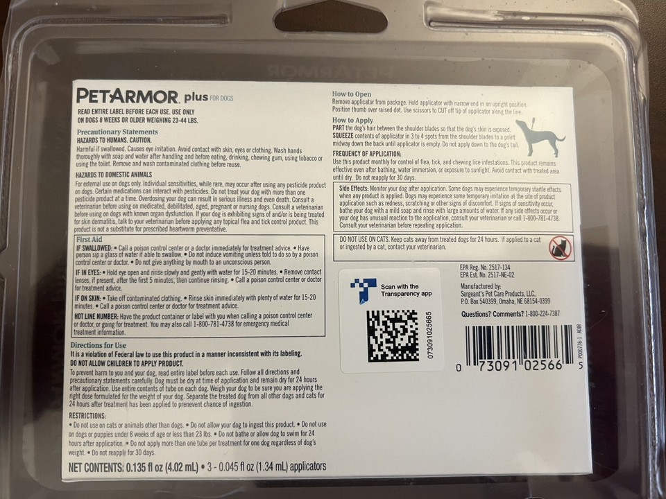 Flea Treatment for dogs - PET ARMOR Plus for Dogs 23-44lbs. 3 month ...