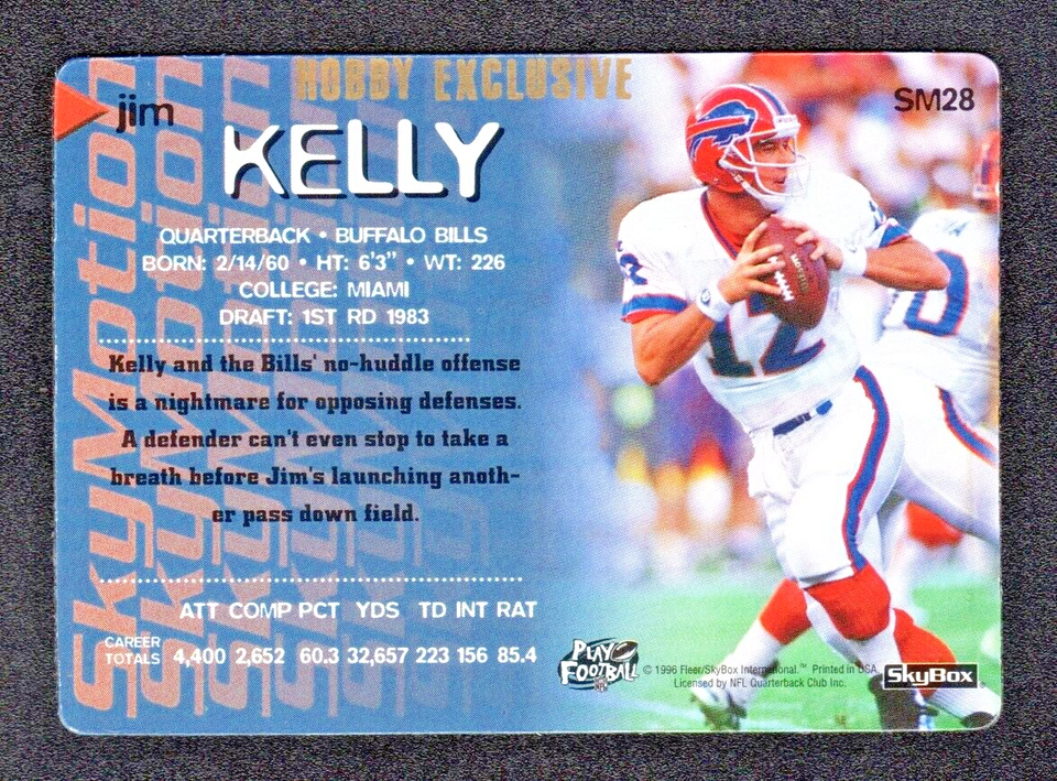 Jim Kelly Bills 1996 SkyBox SkyMotion Hobby Exclusive Gold Card #SM28 ...