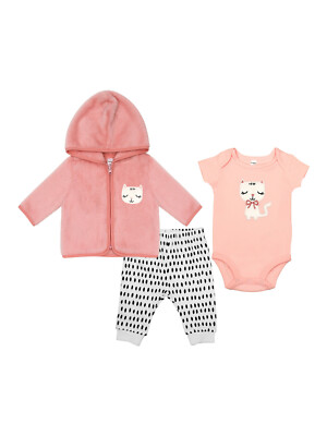 PL Baby Baby Girl Interlock Bodysuit, Pants, & Plush Hoodie 3-Piece Set ...