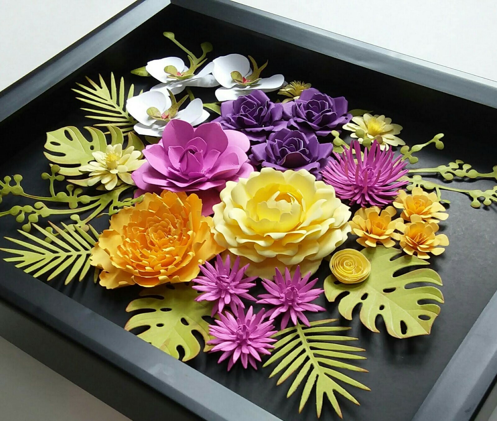 Shadow Box Framed 3D Wall Art Rose Orchids Flower Arrangement Home ...