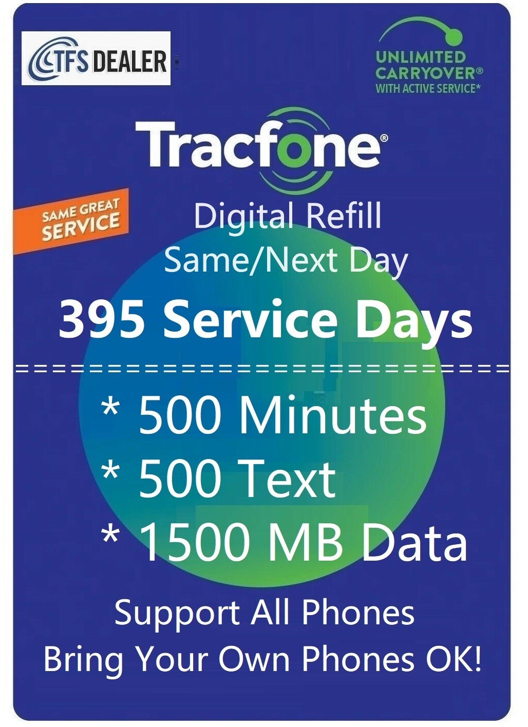 TracFone 395 Days+500Mins/500Texts/1500MB Data, Digital Direct Refill ...