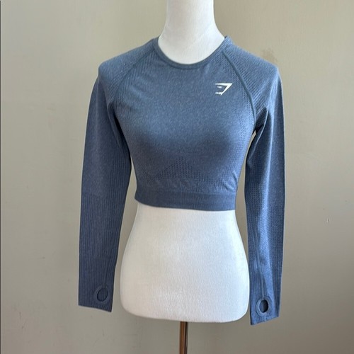 Gymshark Vital Seamless 2.0 Blue Gym Yoga Long Sleeve Crop Top Size M ...