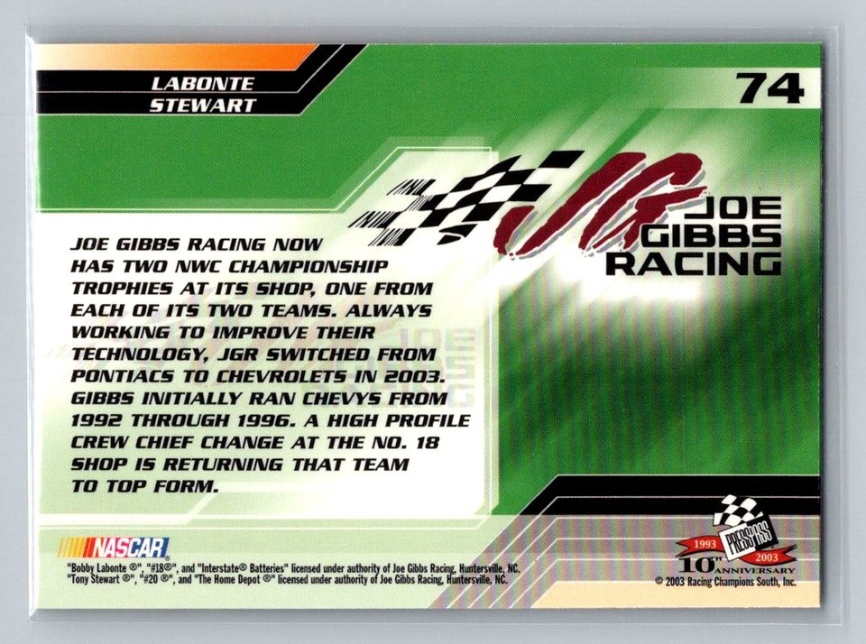 2003 Press Pass Trackside #74 Tony Stewart / Bobby Labonte TM Joe Gibbs ...