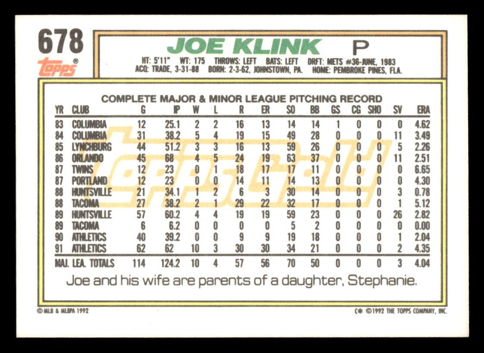 1992 Topps #678 Joe Klink Gold Winners | eBay