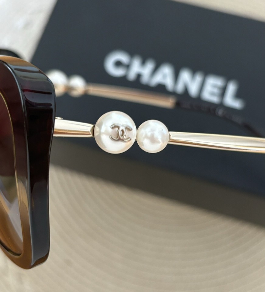 CHANEL Brown Tortoise Square Pearl Gold CC Polarized Women Sunglasses ...