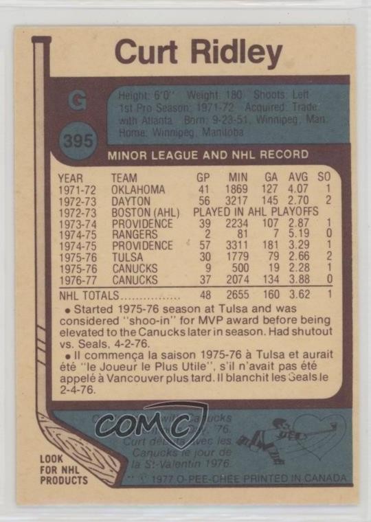 1977-78 O-Pee-Chee Curt Ridley #395 | eBay