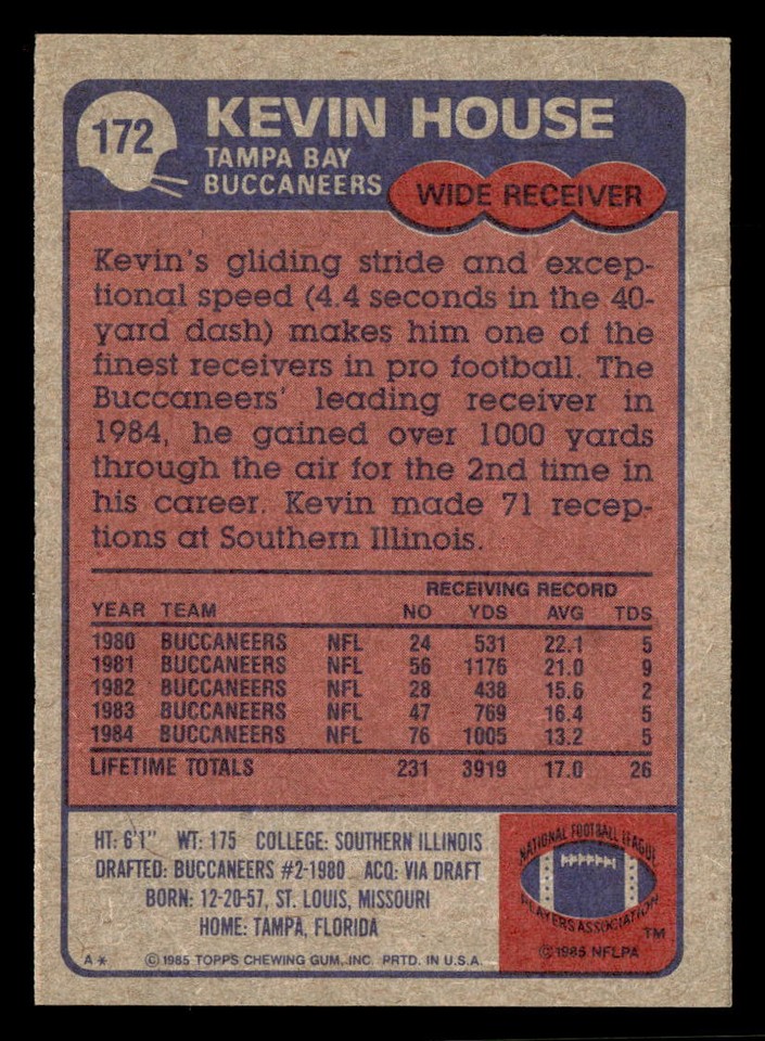 Kevin House 1985 Topps Card #172 Tampa Bay Buccaneers | eBay