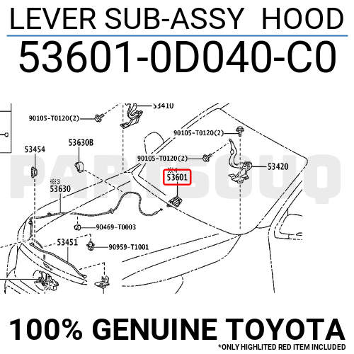 536010D040C0 Genuine Toyota LEVER SUB-ASSY HOOD 53601-0D040-C0 for sale ...
